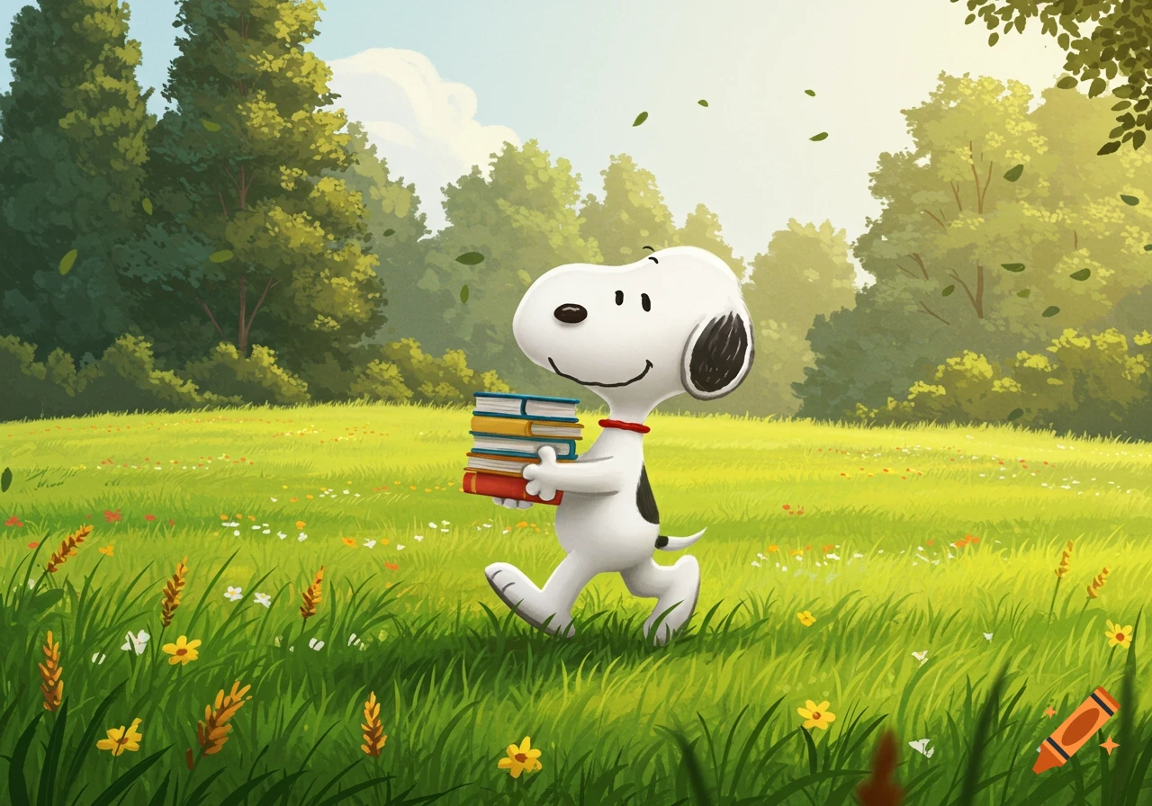 Snoopy, the cartoon beagle, walks through a vibrant green field ...