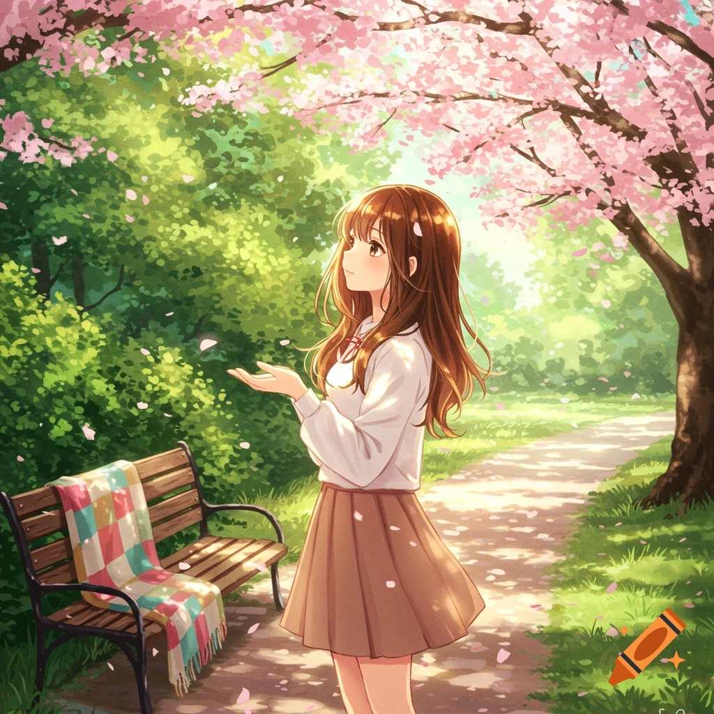 An anime girl with brown hair stands in a park under a cherry blossom ...