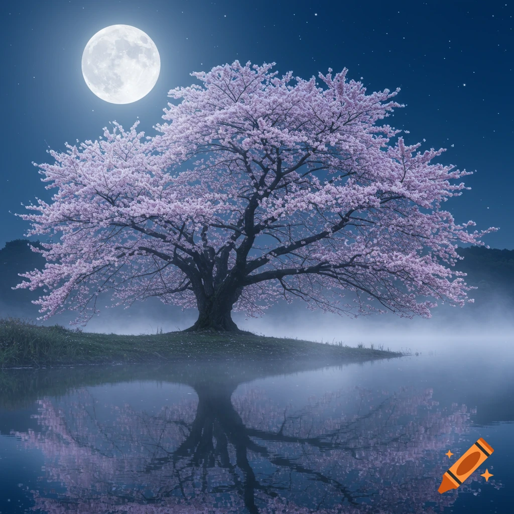 A large cherry blossom tree with pink blooms reflected in a misty lake under a bright full moon ...
