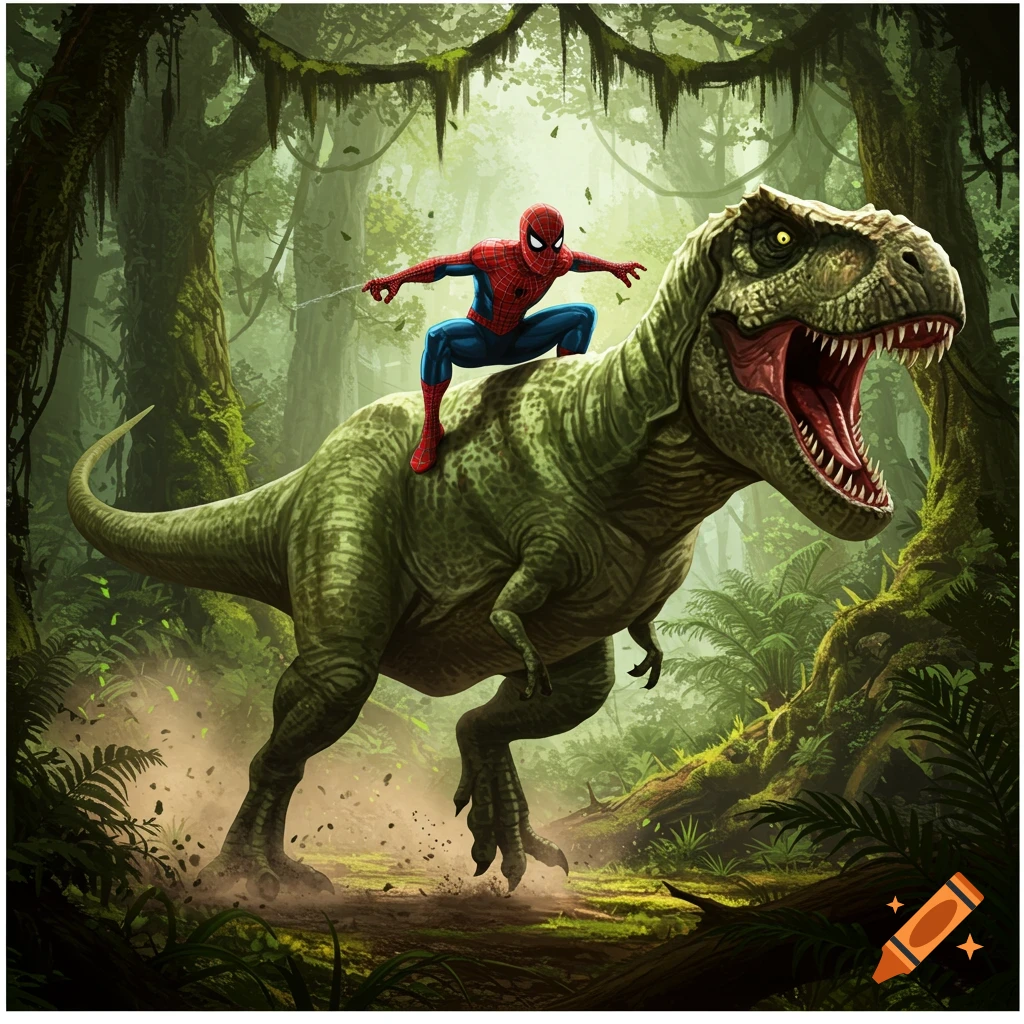 Spider-Man crouches atop a roaring green T-Rex as they charge through a ...