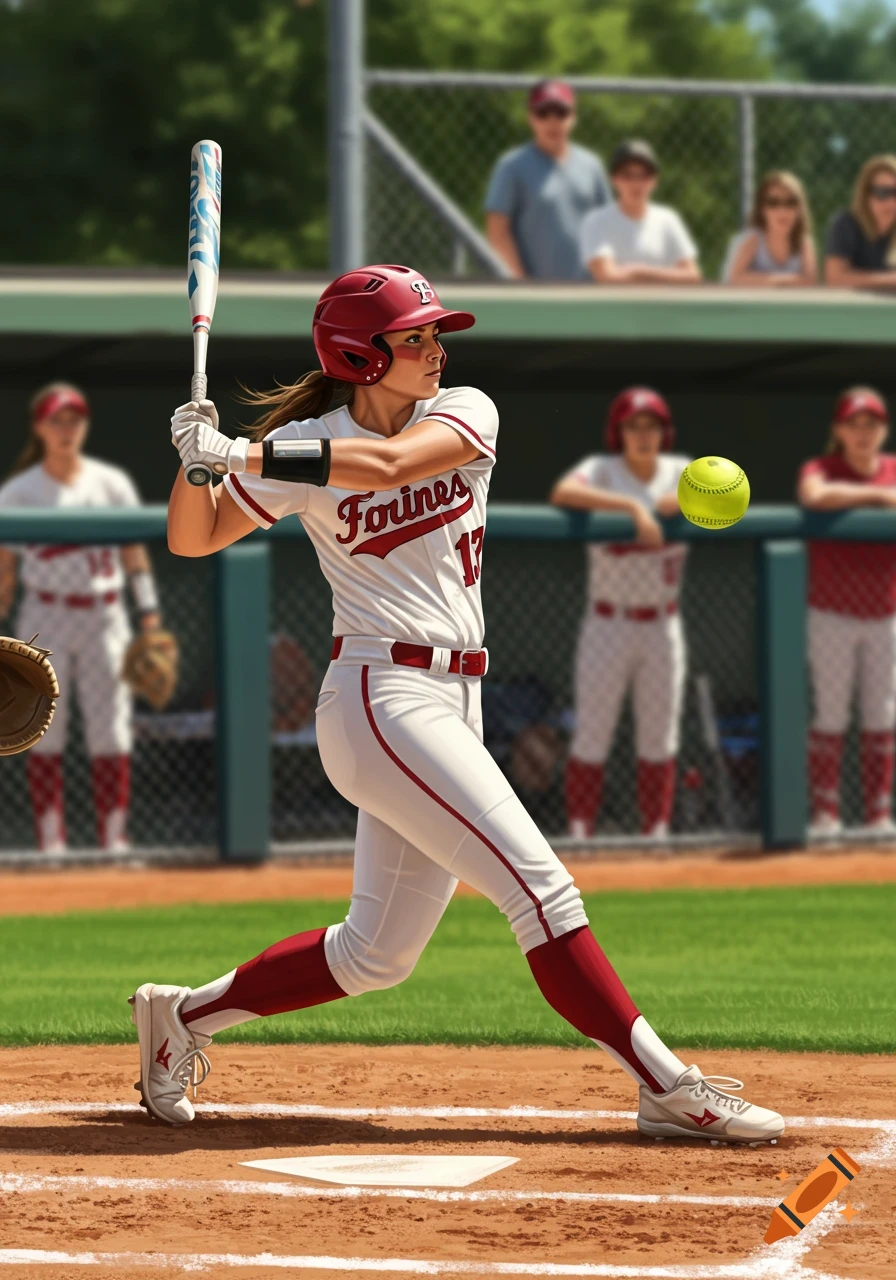 A female softball player in a white and red uniform swings a bat at a ...