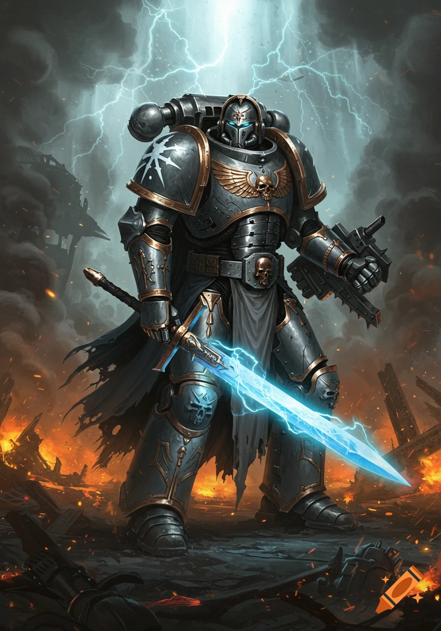 A heavily armored Warhammer 40k Redemptor Dreadnought, firing its ...