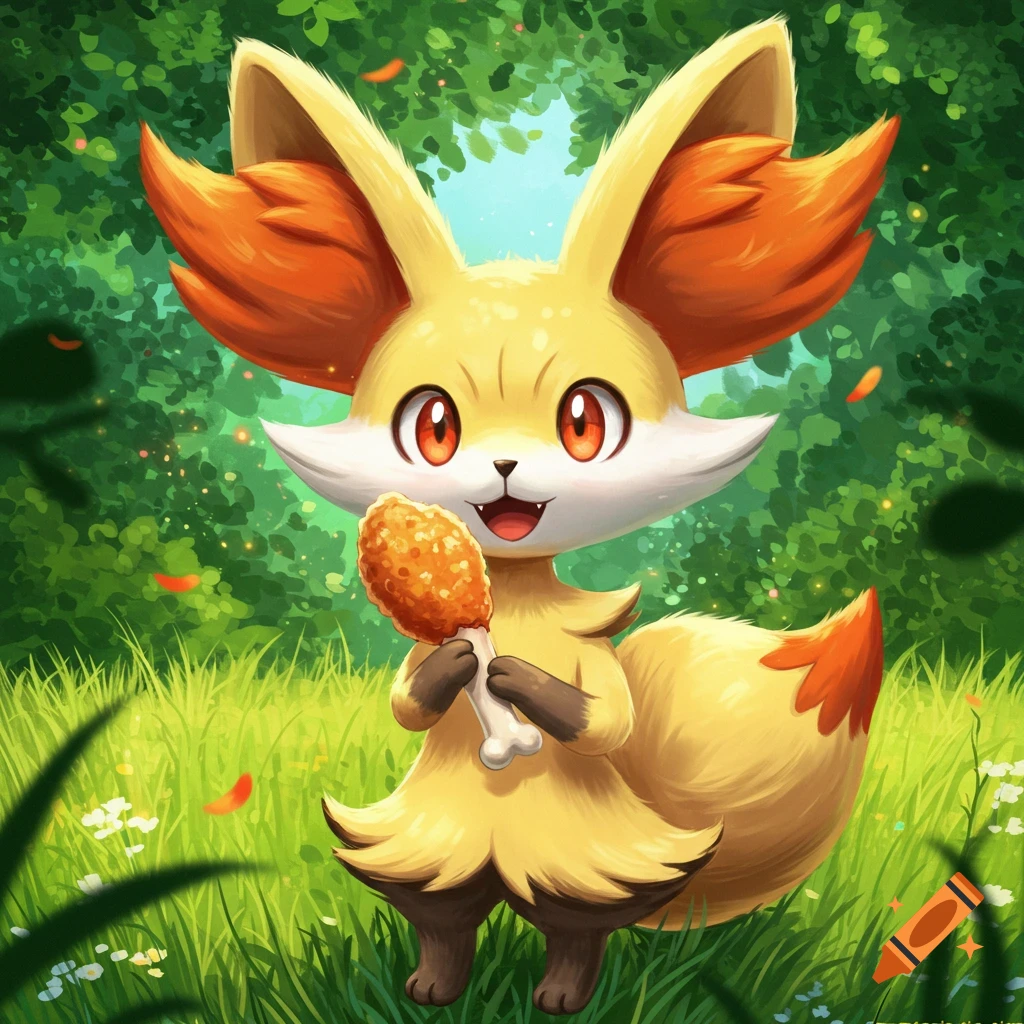 A cute Fennekin Pokémon happily eating a fried chicken drumstick in a ...