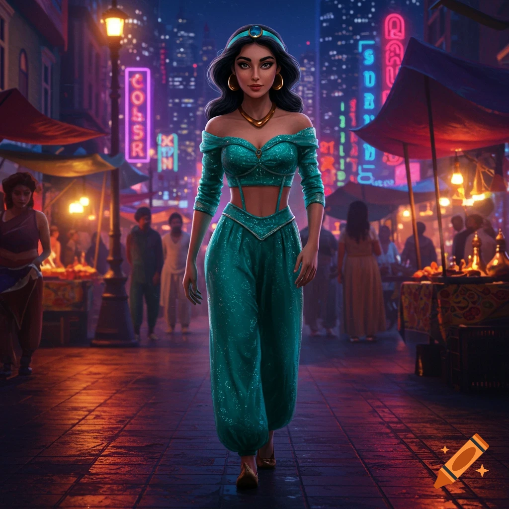 Jasmine from Aladdin in a modern city at night, walking past neon-lit ...