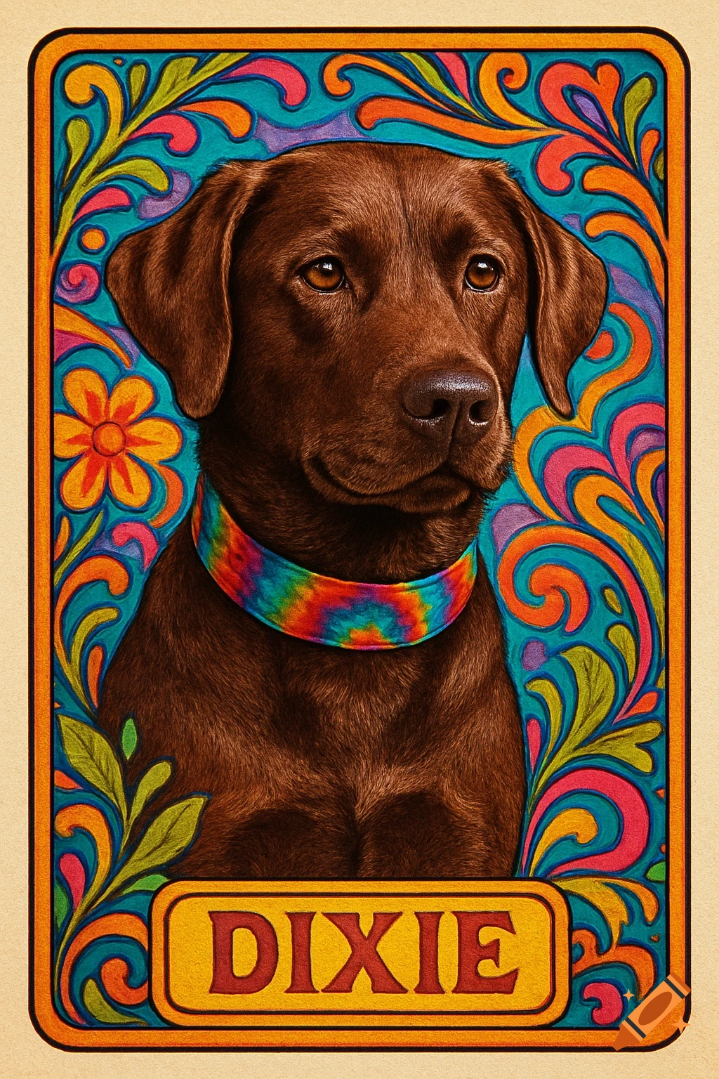 A photorealistic chocolate Labrador retriever wearing a rainbow tie-dye ...