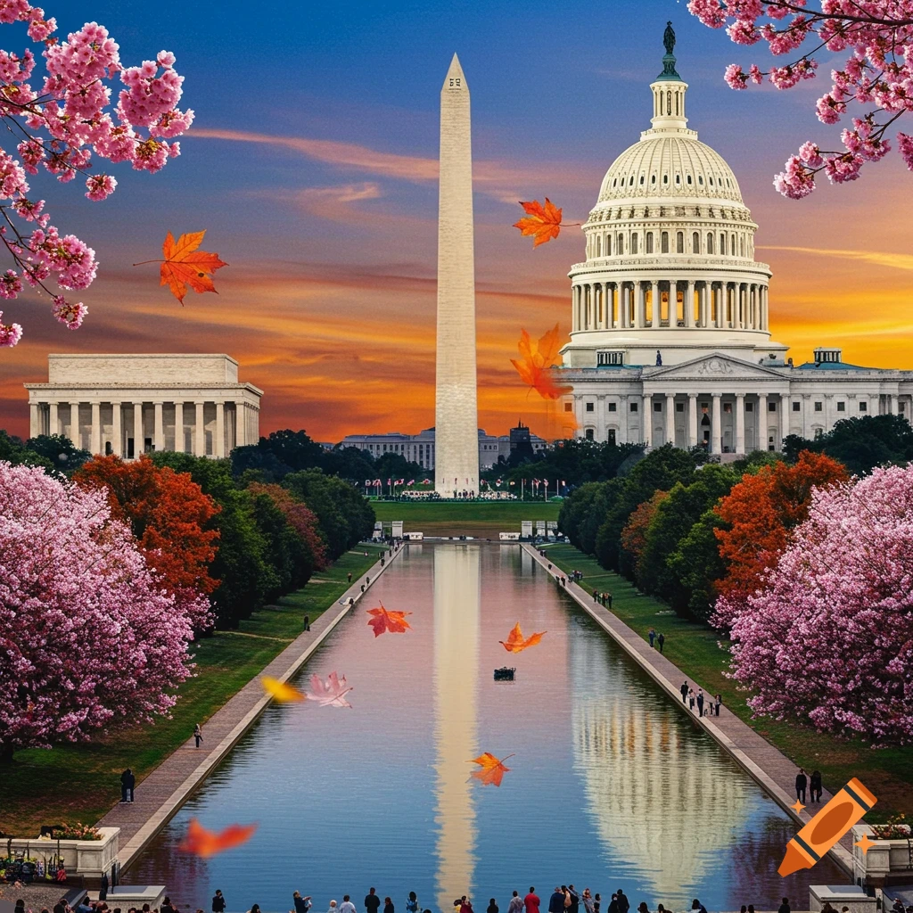 The White House shines golden under a blue sky, surrounded by vibrant ...