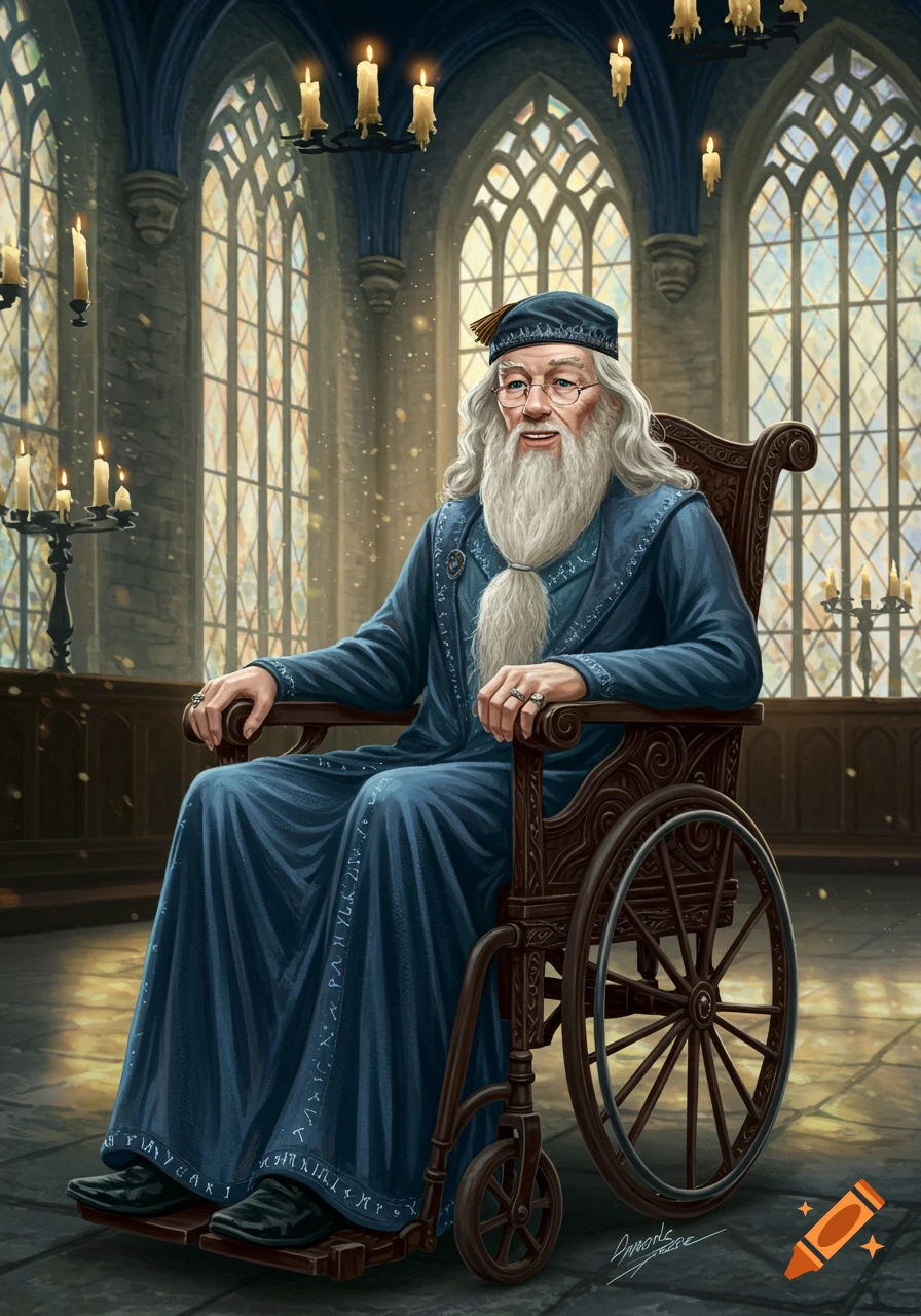 Albus Dumbledore with a long white beard sits in a wooden wheelchair in ...