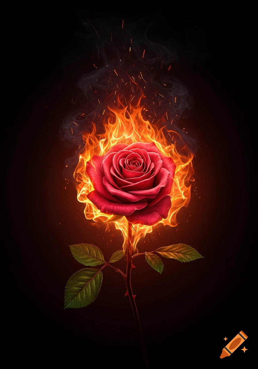 A dark black rose engulfed in vibrant orange flames and smoke, with ...