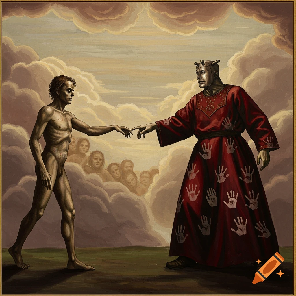 A gaunt, nude man reaches toward a masked, robed figure with hands ...