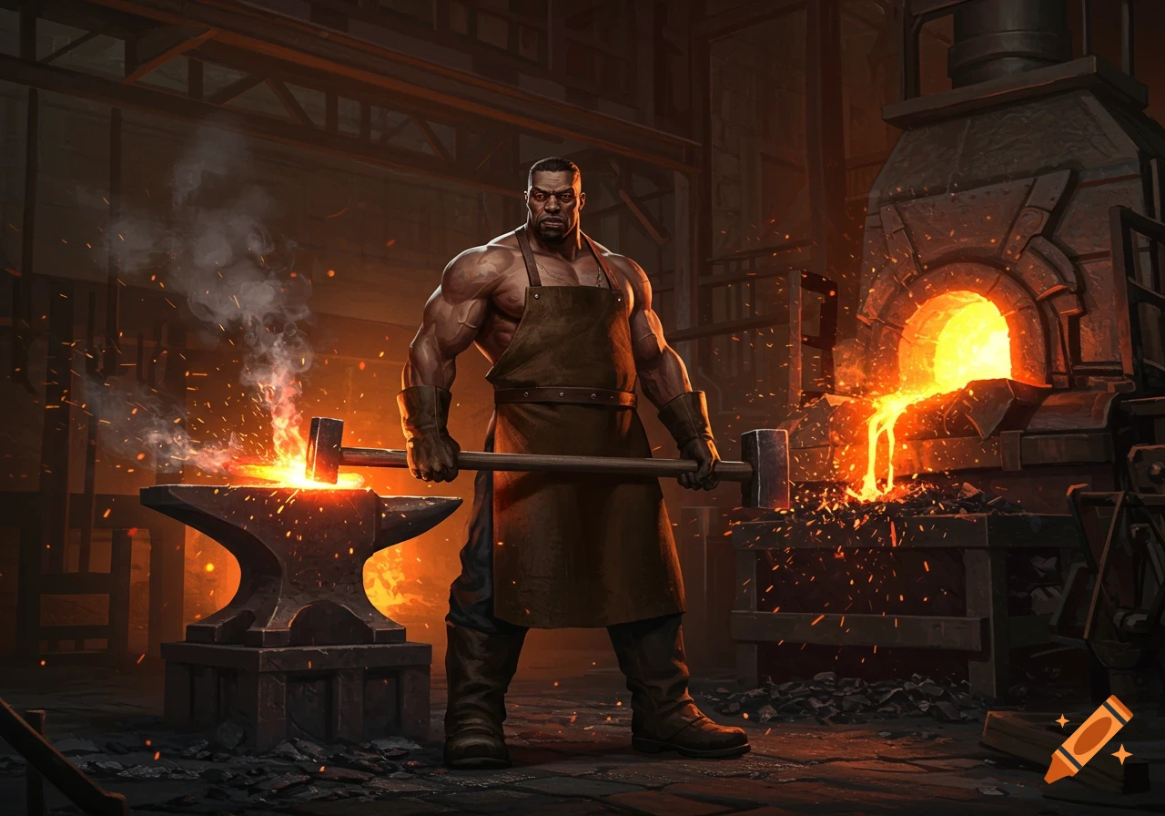 Muscular, horned earth genasi in an underground forge hammers glowing ...