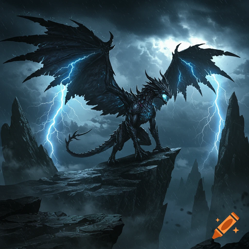 A menacing dark dragon with glowing blue eyes and chest, spreading its ...