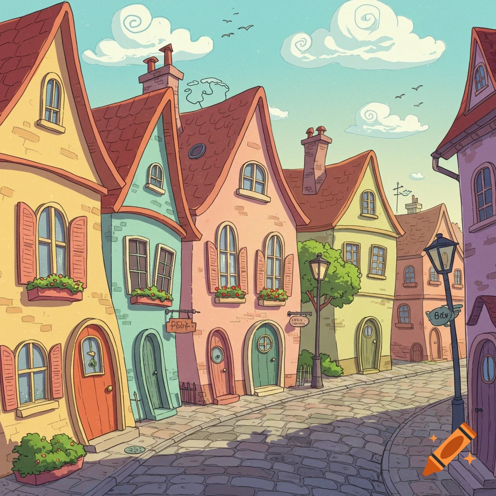 A colorful cartoon illustration of whimsical townhouses lining a ...