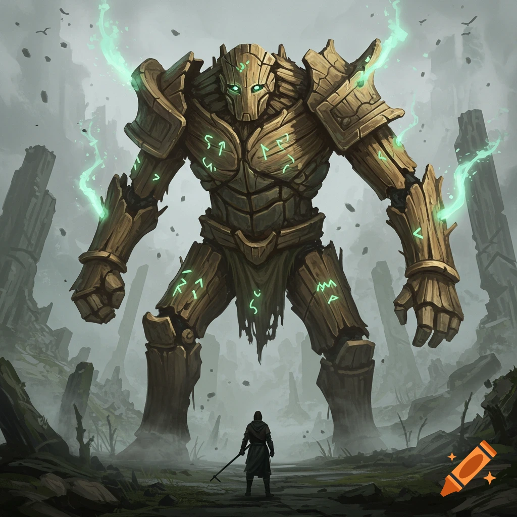 A towering, glowing wooden golem stands before a small warrior in a ...