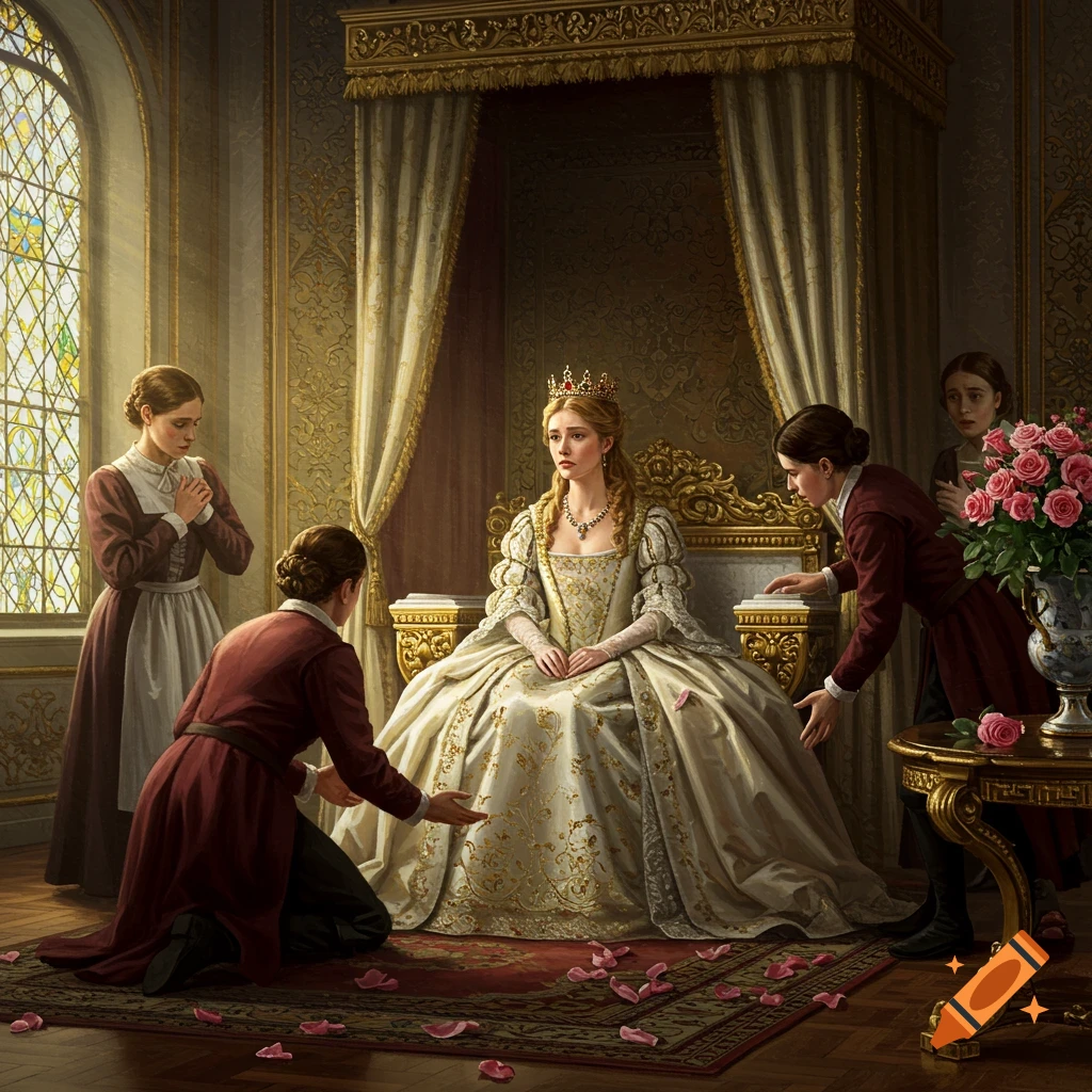 A blonde French princess in a pink lace dress and sparkling jewelry ...