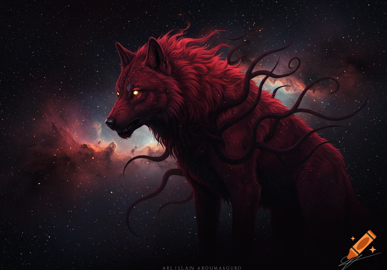 A majestic red wolf with glowing eyes and dark tendrils emerges from a ...