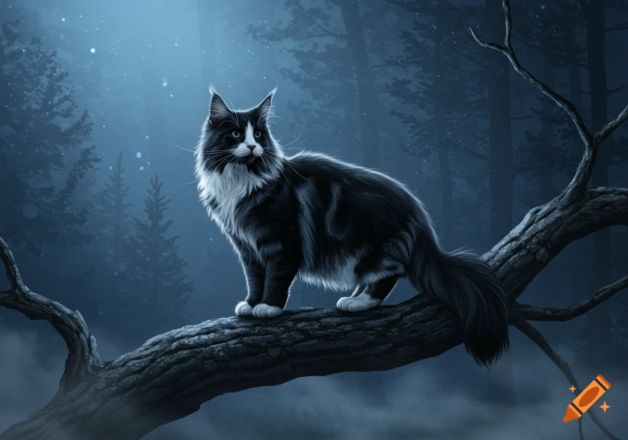 A majestic black and white Maine Coon cat stands on a tree branch in a ...