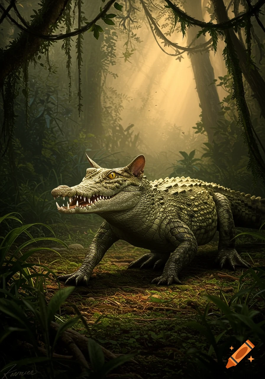 A photorealistic hybrid creature, a green crocodile with cat ears ...