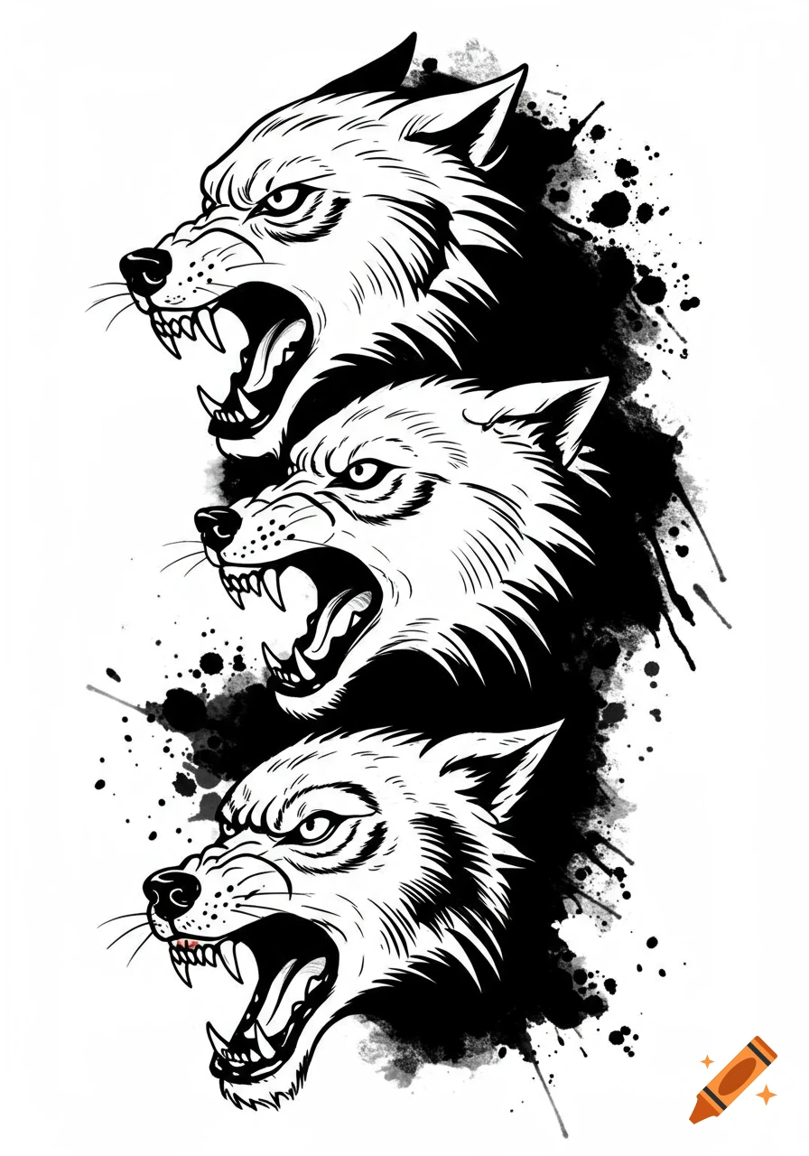 Three snarling wolf heads in a vertical black and white gritty ink-style illustration with ...