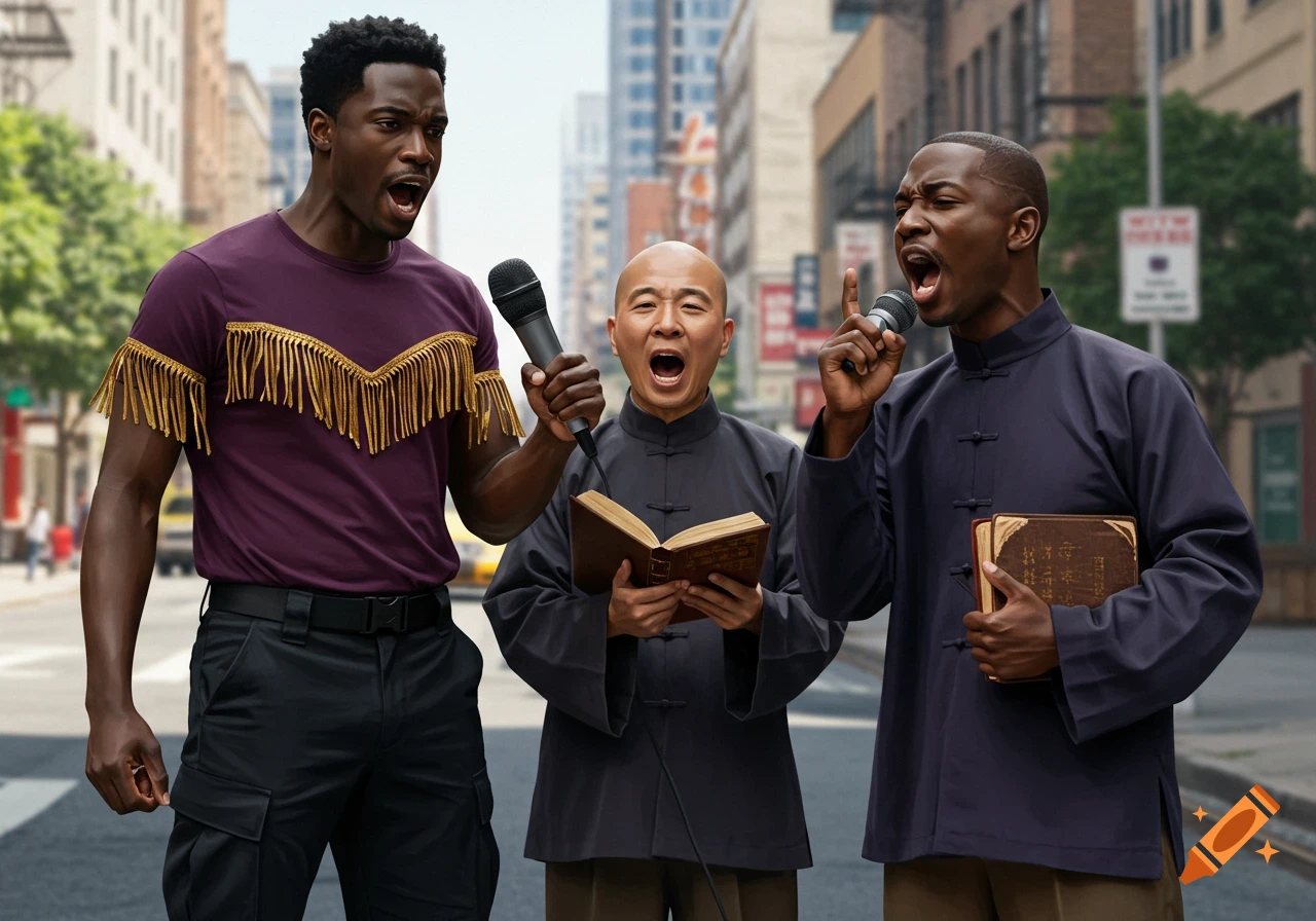 Three men, two Black and one East Asian, passionately sing and preach ...
