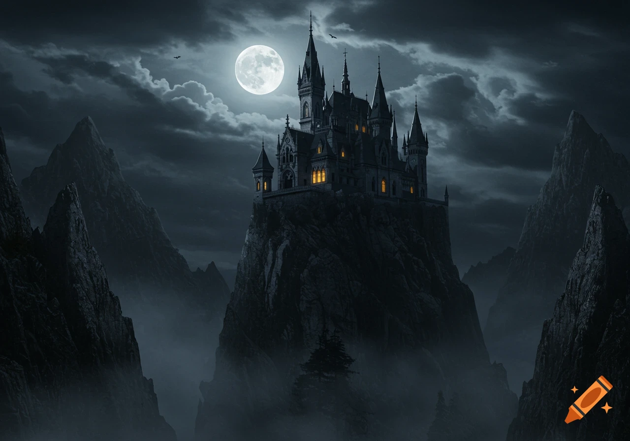 A dark, gothic citadel castle stands atop a jagged mountain peak ...