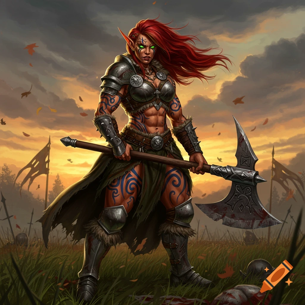 Muscular female half-elf barbarian with red hair, tribal tattoos, and armor, holding a bloody ...