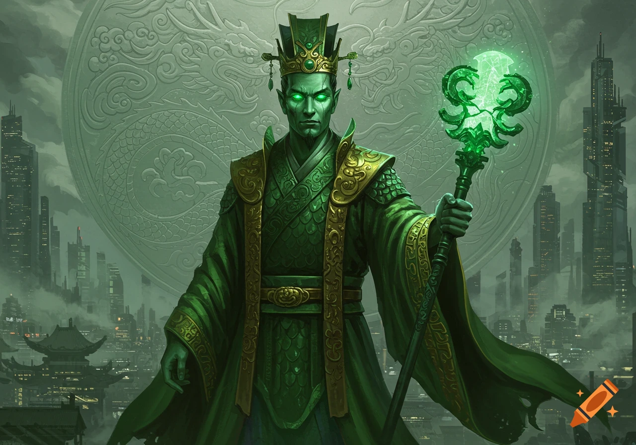 A majestic green-skinned emperor with glowing eyes holds a glowing ...