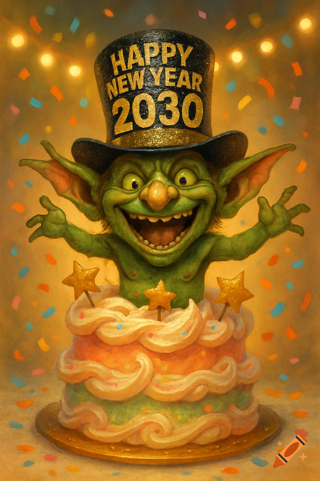 A happy green goblin wearing a 'Happy New Year 2030' top hat pops out of a festive birthday cake ...