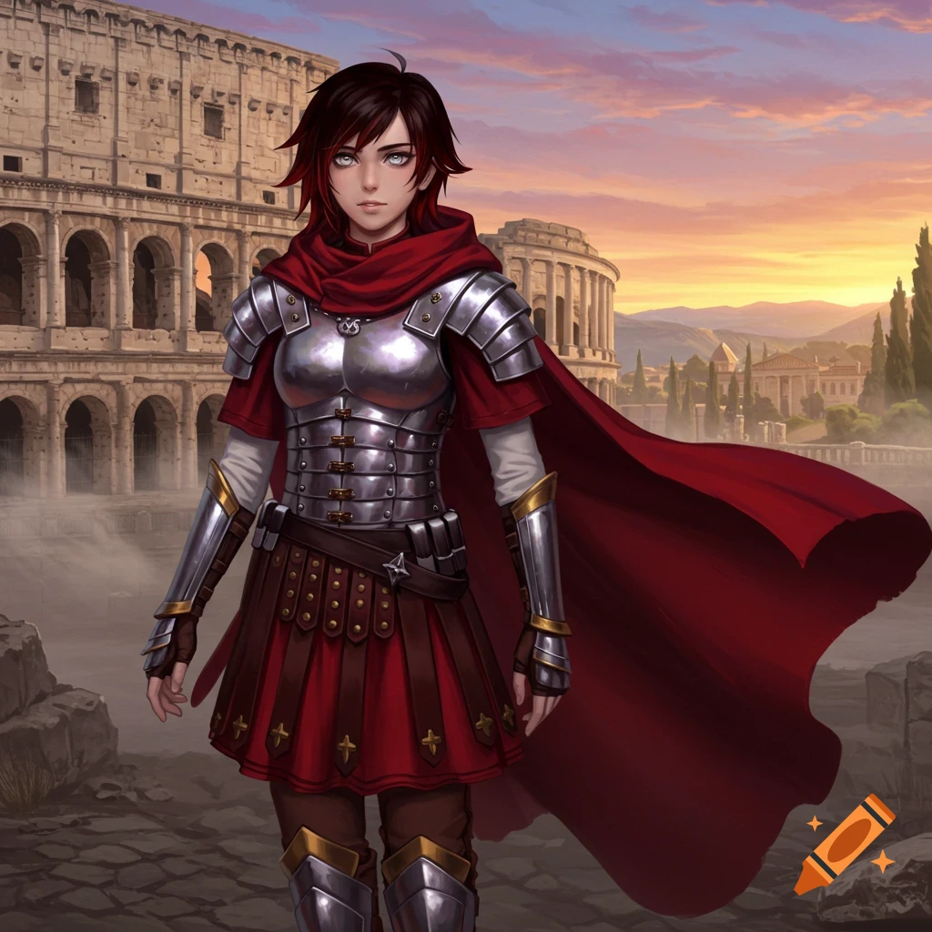 Anime-style character Ruby Rose in ancient Roman legionary armor stands ...
