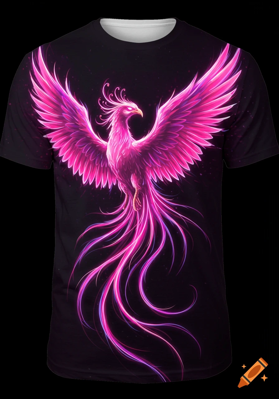 A vibrant pink electric phoenix with large wings and a long, glowing tail on a black t-shirt. on ...