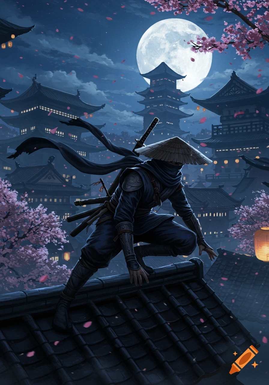 A ninja in a conical hat and black attire digs a hole with a shovel in ...