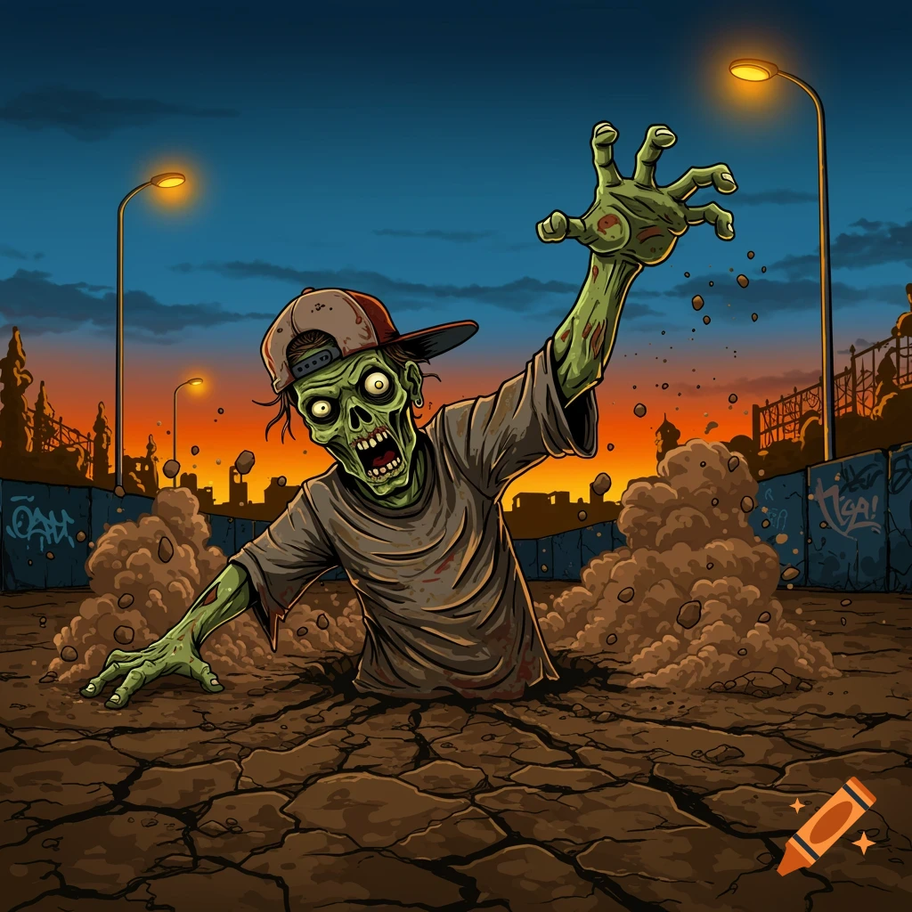 A cartoon zombie wearing a cap emerges from cracked ground, arm ...