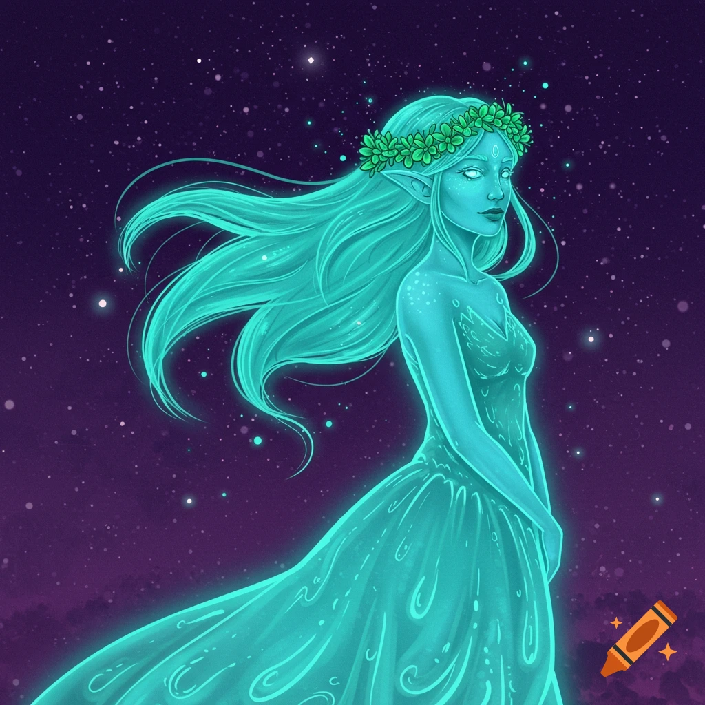 A glowing, teal-skinned elf-like woman with long flowing hair and a ...