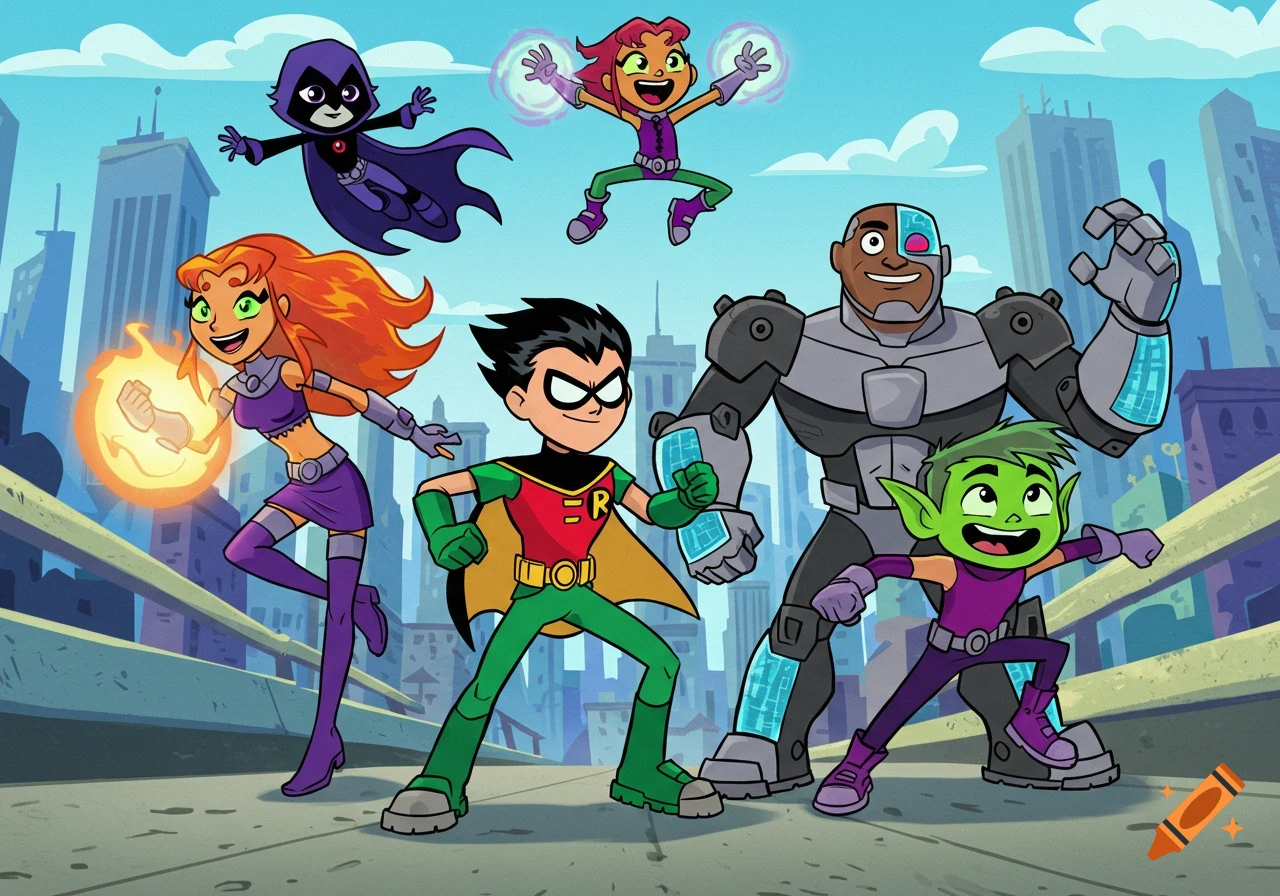 The Teen Titans Go characters, including Cyborg, Raven, two Robins, and ...