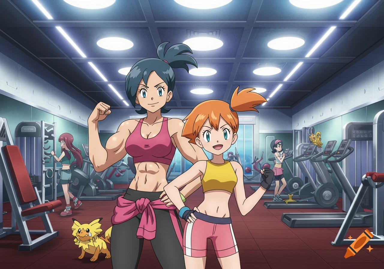 A muscular anime woman flexing her biceps next to Sailor Moon in a gym ...