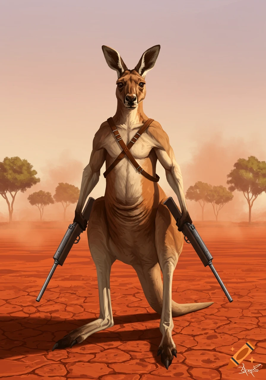 A muscular, anthropomorphic kangaroo stands in a cracked desert ...