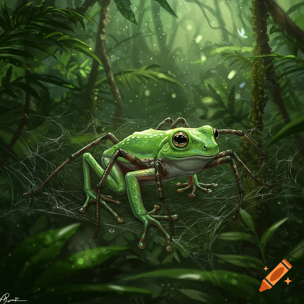 A large green frog sits on a mossy log by a small pond in a lush, misty ...