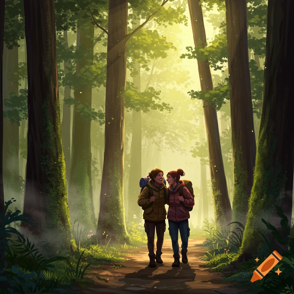 Adam and Eve walk hand-in-hand through a vibrant, sunlit Garden of Eden ...