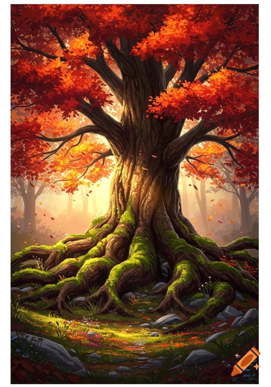 Majestic ancient tree with vibrant orange and red autumn leaves and ...