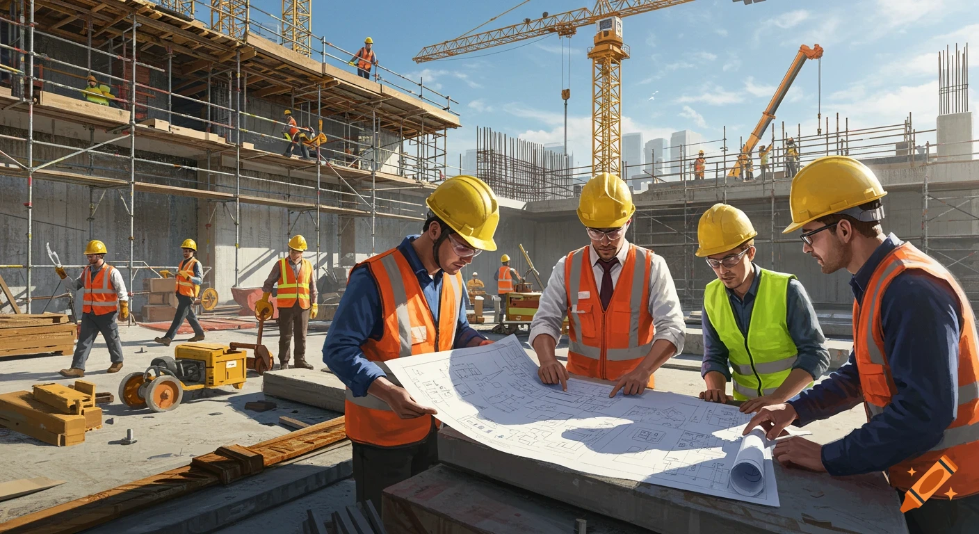 Illustration of metal scaffolding against a light-colored building under a clear blue sky. on ...