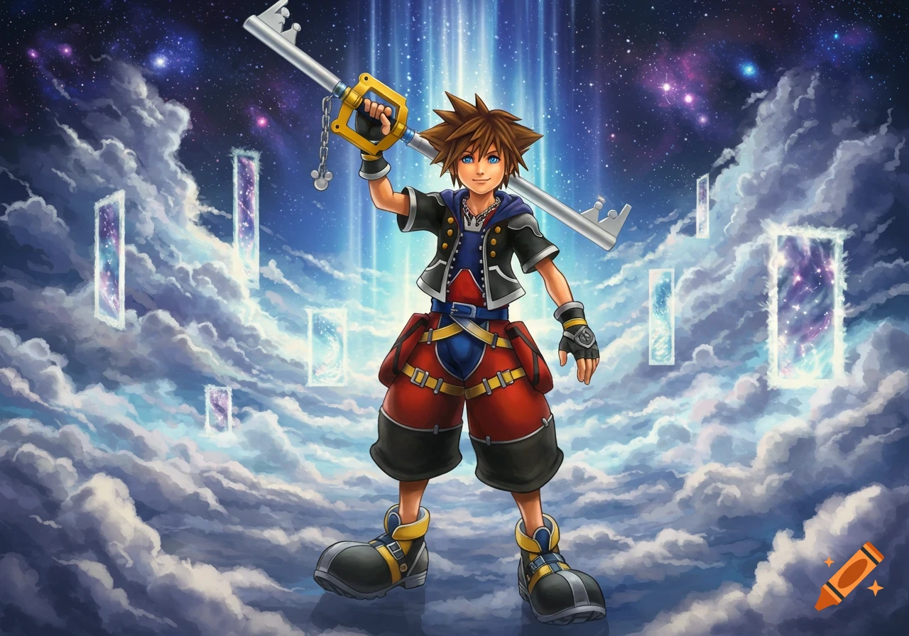 Young Sora from Kingdom Hearts, holding a Keyblade on his shoulder ...