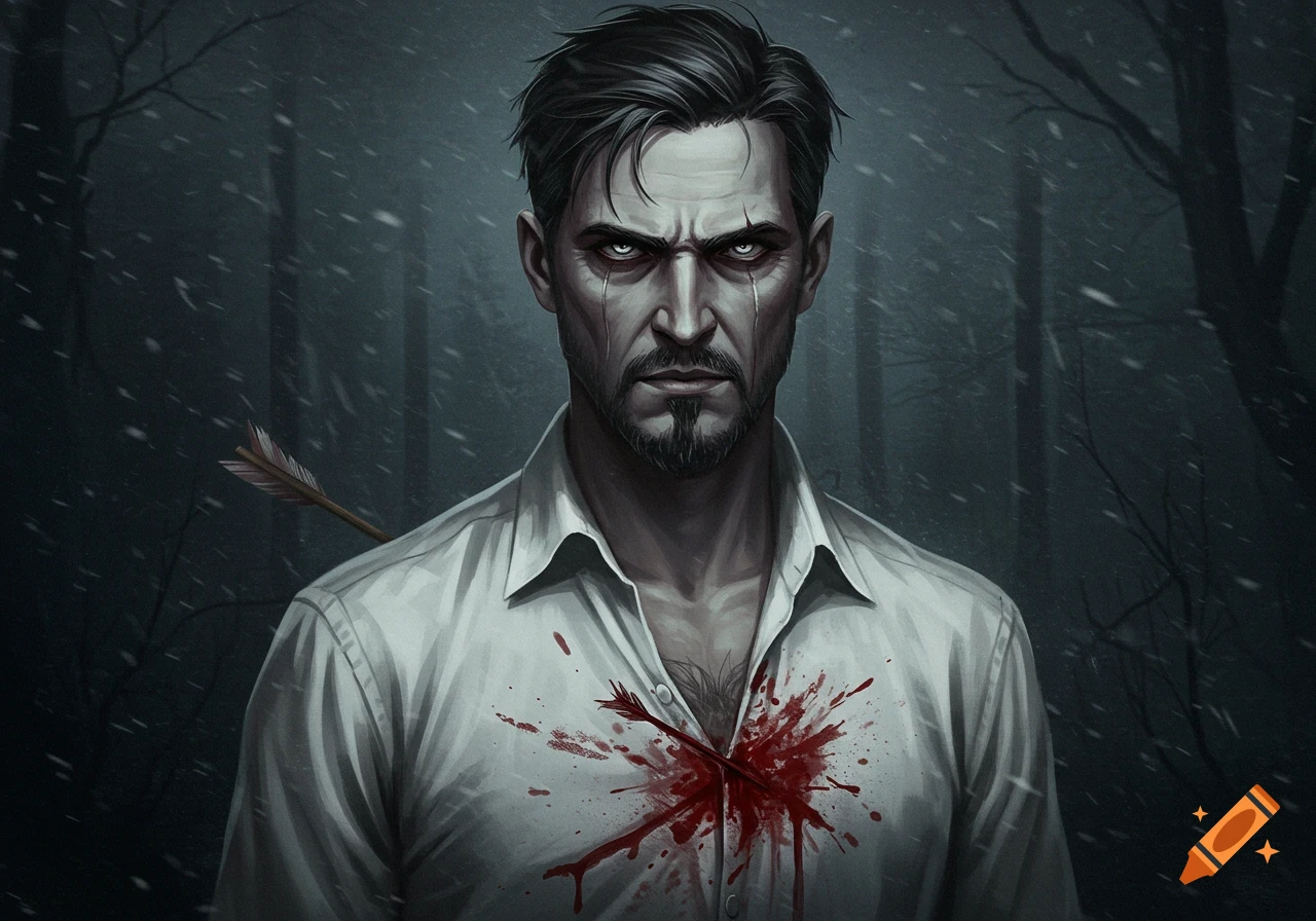 A dark, somber image of a young man with closed eyes, head resting on a ...