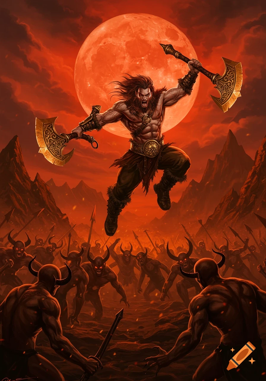 A muscular barbarian warrior leaps through the air, wielding two golden ...