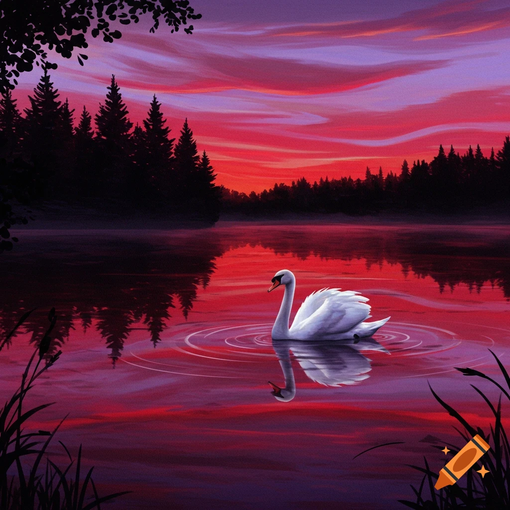 A white swan glides on a vivid red lake under a purple and red sunset ...