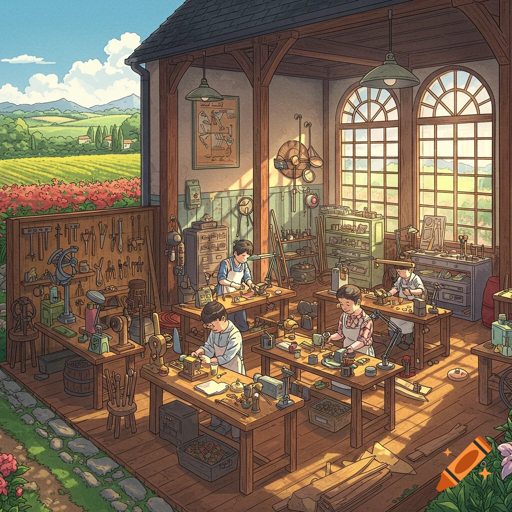 A bustling, sunlit Victorian countryside workshop in a Japanese 80s ...