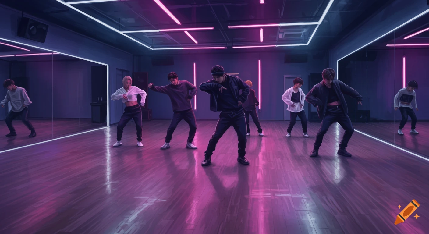 A five-member K-pop group performs on a stage lit with vibrant blue and ...