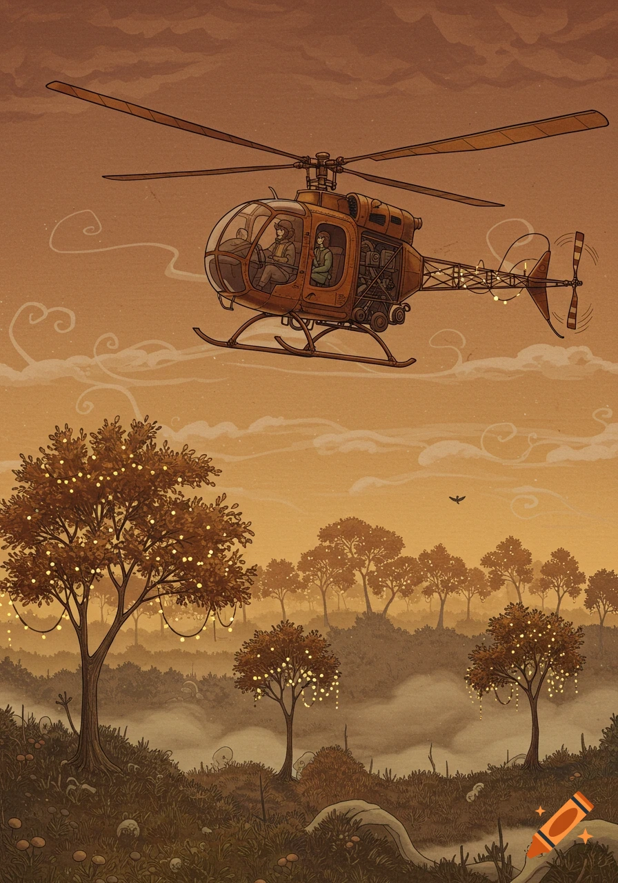 An illustrative vintage helicopter with two people flies over a misty ...