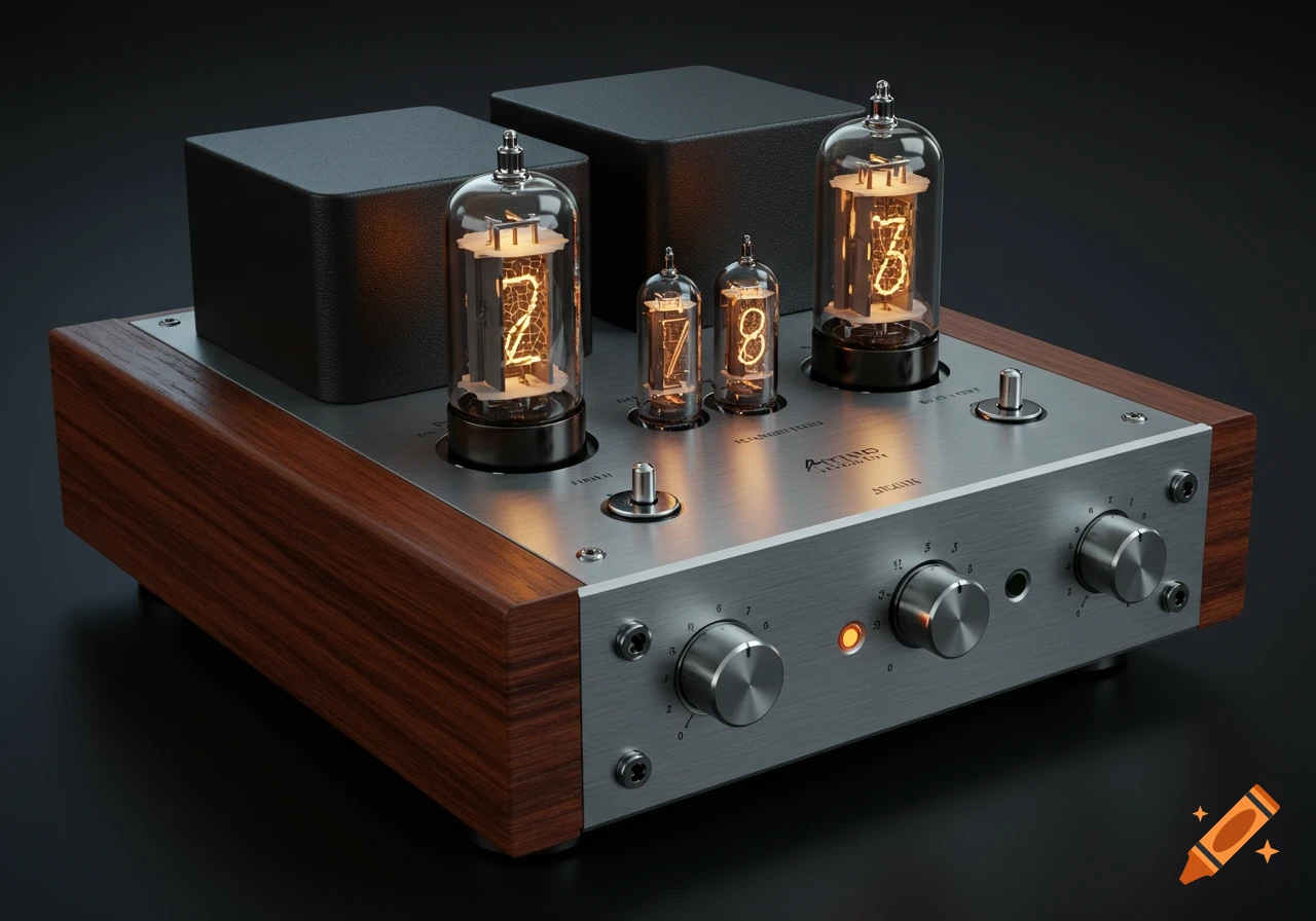 A tube amplifier with glowing vacuum tubes sits on a well-worn wooden ...