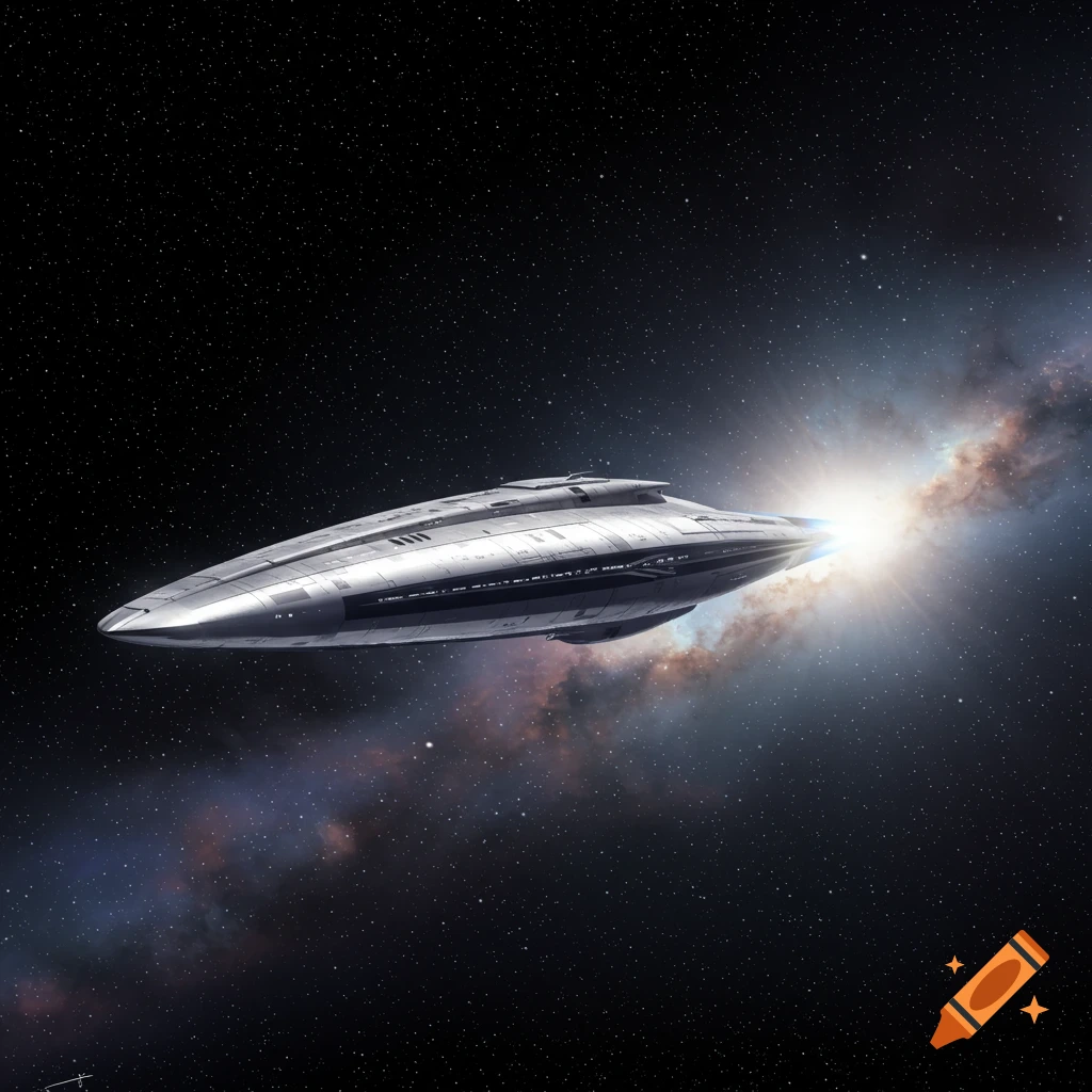 A sleek, silver spaceship flies through space with a bright light ...