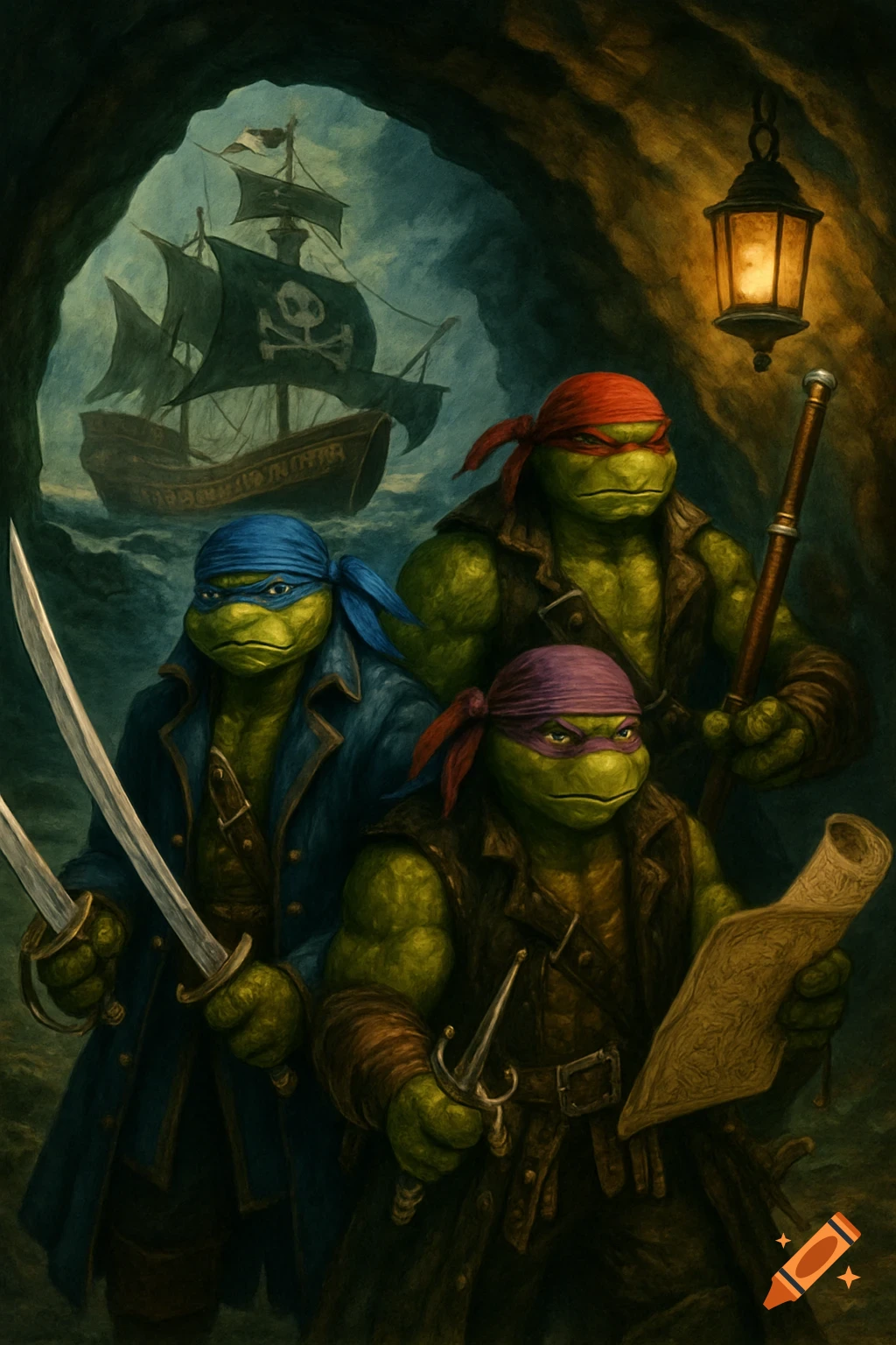 Three Teenage Mutant Ninja Turtles dressed as pirates in a cave, with a ...