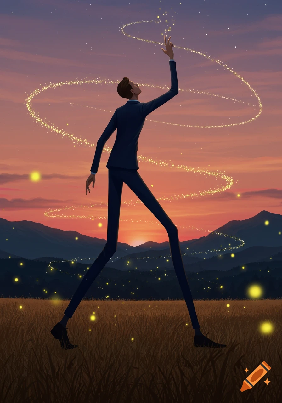 An elongated man in a suit reaches for sparkling lights in a field at ...